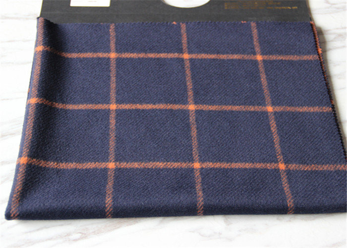Business Casual Style Plaid Tartan Fabric , Dark Blue Tartan Fabric Wool With Orange Line