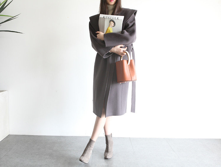 Long Double Faced Woolen Coat / Wool Blend Winter Coat With Hat / Belt No Buttons