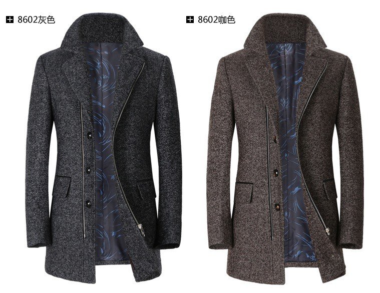 Medium To Long Slim Herringbone Men's Winter Coat With Zipper / Button For Business