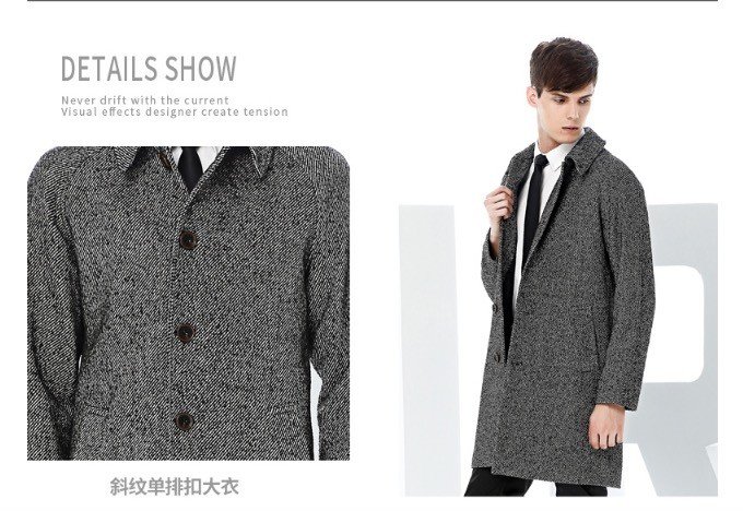 Male Black / Gray Business Style Twill Wool Fabric Winter Coat With Single Button