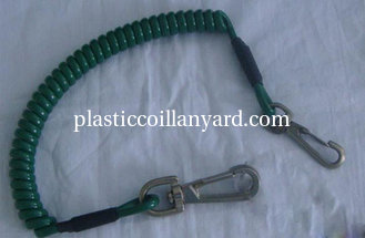 China Dark green plastic spiral coil tool lanyard with 2pcs heavy duty hooks safety leash cord supplier