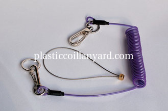 China Purple plastic spring wire coil tool lanyard with snap hooks&key rings&wire loop for safe supplier
