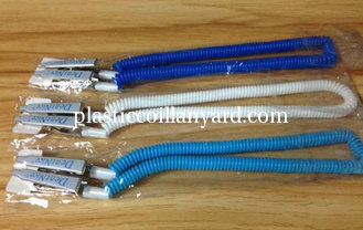 China Customized logo imprinted plastic long spring lanyard tether bib napkin coil clip holders supplier