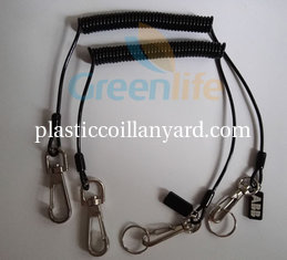 China Heavy Duty Wired Tether Cord Black Polyurethane Coiled Jacket w/Custom Logo Tag and Snap Hooks supplier