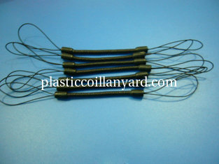 China Black Plastic Safe Mini Spiral Elastic Pen Tethers Cord w/String Loop Ends supplier