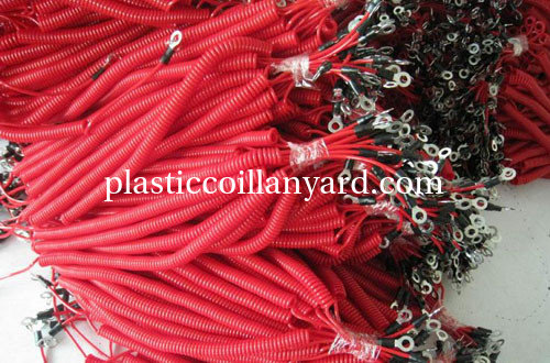 Light weight red coiled tackle leash spiral cord with stainless steel clip and metal hook supplier