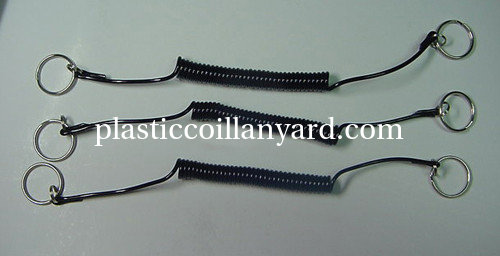 Plastic safe red spring coil tool lanyard with small key ring ends China cheap coil leash supplier