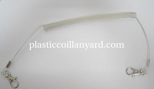Common clear transparent spring steel wire coil fishing tethers with 2pcs snap hook on end supplier