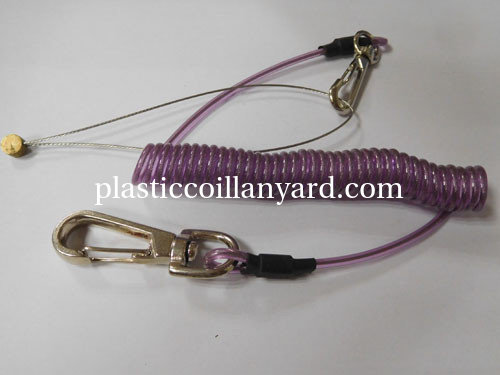 Purple plastic spring wire coil tool lanyard with snap hooks&key rings&wire loop for safe supplier