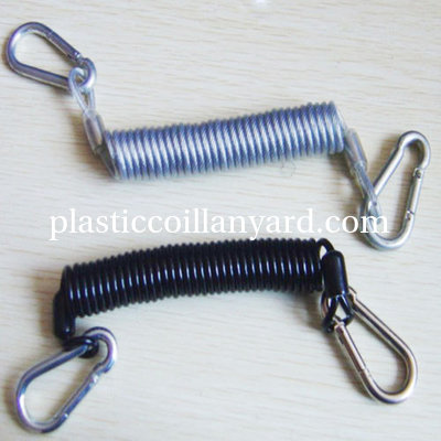 Bungee w/ carabiner on both ends transparent clear wire coil solid black retractable coil supplier