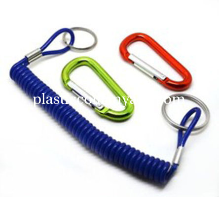 Solid blue multi-purpose utilities coil lanyard with coil loops&split rings also carabiner supplier