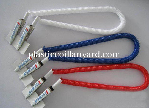 Dental patient napkin bib wowel holders metal clips&flexible coil lanyard tether red color supplier