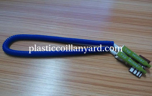 Imprinted logo on crocodile clip on two ends w/long spring coiled lanyard leash bib clips supplier