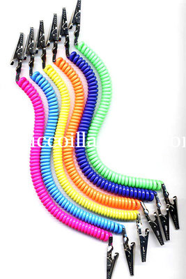 Custom yellow color spring coiled lanyard tether with silver metal thin clip for napkins supplier