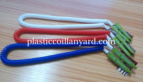 Customized logo imprinted plastic long spring lanyard tether bib napkin coil clip holders supplier