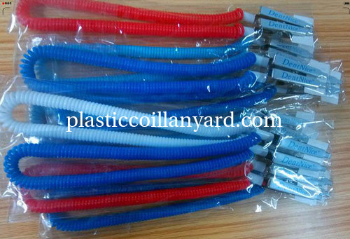 Customized logo imprinted plastic long spring lanyard tether bib napkin coil clip holders supplier