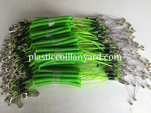 Custom size green spiral coil lanyard leash with heavy duty snap hooks good tool tether supplier