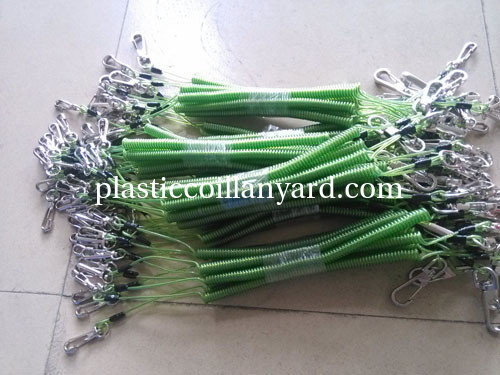 Custom size green spiral coil lanyard leash with heavy duty snap hooks good tool tether supplier