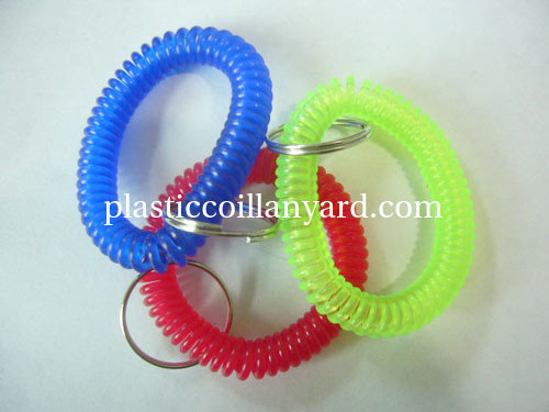Hot sales red blue/yellow/green transparent wristband coil holder w/key ring for anti-lost supplier