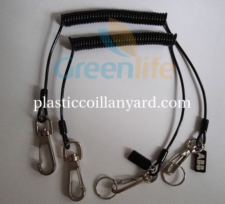 Heavy Duty Wired Tether Cord Black Polyurethane Coiled Jacket w/Custom Logo Tag and Snap Hooks supplier