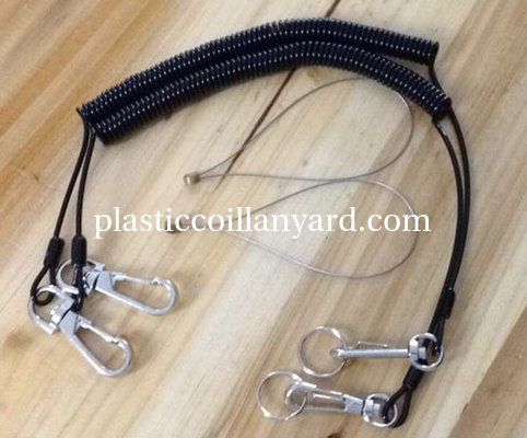 Heavy Duty Wired Tether Cord Black Polyurethane Coiled Jacket w/Custom Logo Tag and Snap Hooks supplier