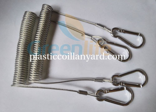 Clear Color 10CM Unstretched Length Rope Dia4mm Safety Cable Wire Coiled Lanyard w/Zinc Plating Iron Carabiners supplier