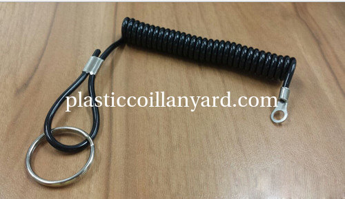 Customized Black Color 5CM Coil Length Retrable Tool Lanyard Steel Coil Cable w/Eyelet and Key Ring supplier