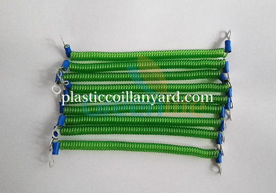Customized 15CM Length Green Steel Wire Safe Spring Coiled Strap Strings w/2pcs Metal Eyelets supplier