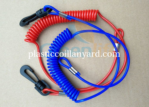 Plastic Spiral Safety Floating Watercraft Lanyard Tether Solid Red color with Black Snap Hook&Key supplier