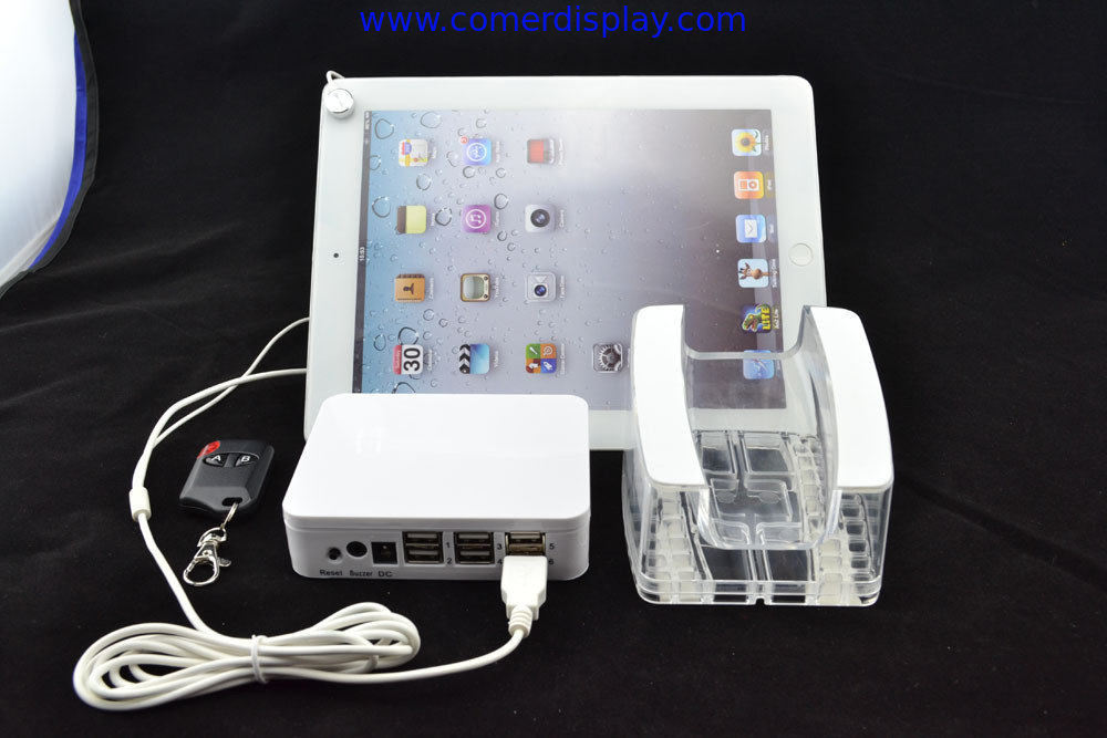 COMER For Tablet PC/ iPad Acrylic Anti-slip Silicone Display Stand with alarm controller displaying systems
