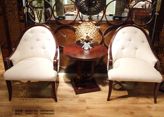 European Style Wooden Club Chair , Cream Fabric Upholstered Accent Chair