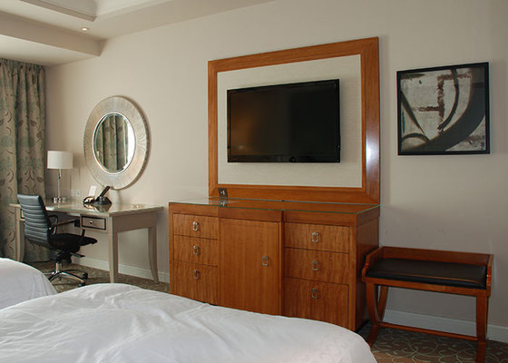 Yellow Poplar Twin Bed Hotel Bedroom Furniture With Navy Blue Fabric Upholstery