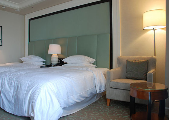 Yellow Poplar Twin Bed Hotel Bedroom Furniture With Navy Blue Fabric Upholstery
