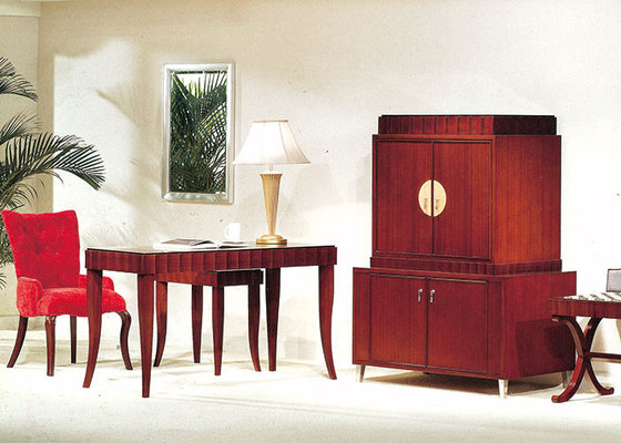 Wooden Finish Hotel Bedroom Furniture With Red Fabric Chaise Lounges