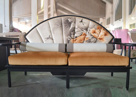 Artistic Wooden Frame Hotel Lobby Sofa Set / Orange Velvet Upholstered Couches Sofas