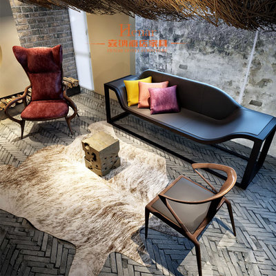 Vintage Living Room Hotel Lobby Sofa / Wooden Chair Furniture