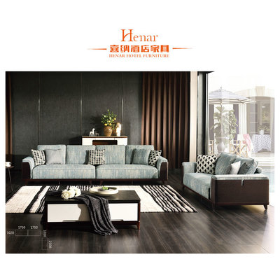 White And Bule Large Loose Cushion Hotel Lobby Sofa , Wooden Furniture