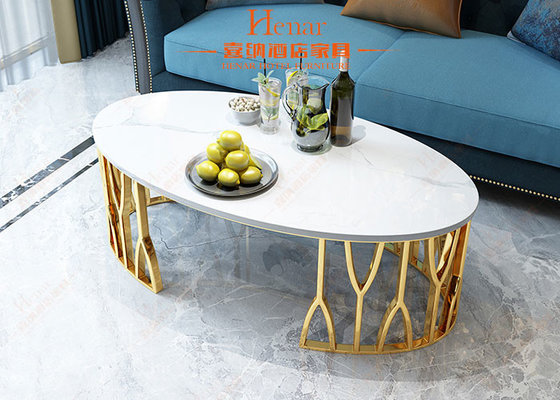 Golden Stylish Toughened Stainless Steel Side Coffee Table With Marble Top