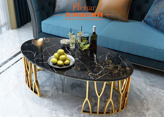 Golden Stylish Toughened Stainless Steel Side Coffee Table With Marble Top