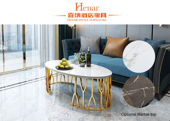 Golden Stylish Toughened Stainless Steel Side Coffee Table With Marble Top