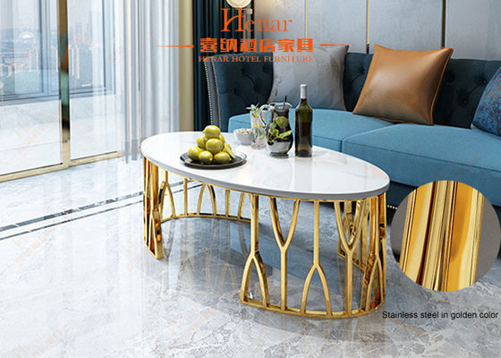 Golden Stylish Toughened Stainless Steel Side Coffee Table With Marble Top