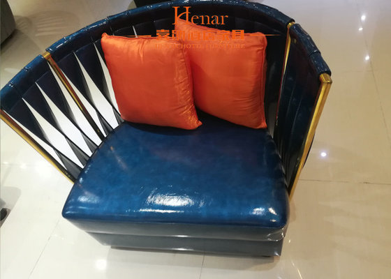 Leisure Style Modern Stripe Loveseat Hotel Lobby Sofa In Blue Artificial Leather