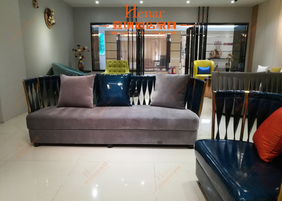 Leisure Style Modern Stripe Loveseat Hotel Lobby Sofa In Blue Artificial Leather
