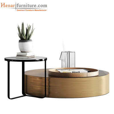 Round Concave Coffee Table Set, Steel with powder coating, Wooden, Glass