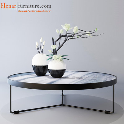 White Marble Print Coffee Table with Black Metal Legs, Living Room Tables
