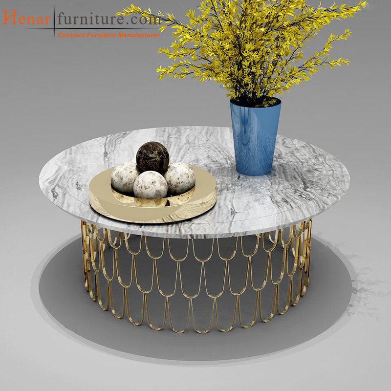 Golden - Leaf Style Modern Living Room Coffee Table , White Marble Top