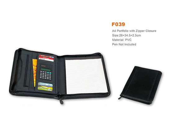 Zippered PU Material A4 Portfolio Folder With Calculator & Pen Holder