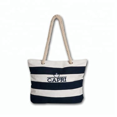 Striped Canvas Blue And White Beach Bag With City Name Embroidered