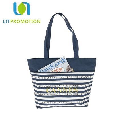 600D City Name Souvenir Personalized Beach Tote , Blue And White Striped Beach Bag