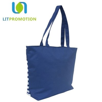 600D City Name Souvenir Personalized Beach Tote , Blue And White Striped Beach Bag